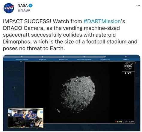 美宇宙飞船成功撞击小行星 Nasa官员：开启人类的新时代 知乎