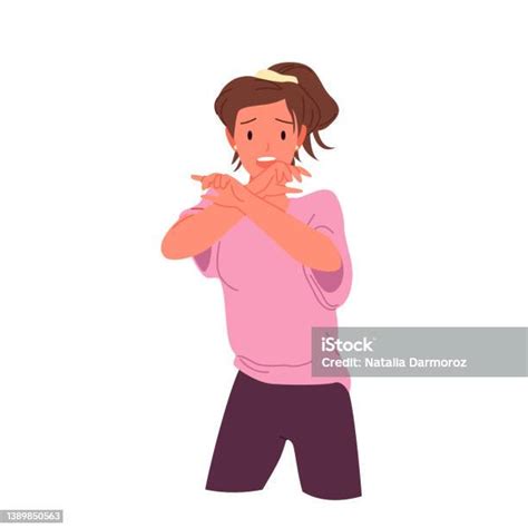 무서운 표정과 포즈와 만화 성인 갈색 머리 두려워 소녀 흰색에 고립 된 손으로 입을 덮고 젊은 무서운 문자 공포와 공포 벡터