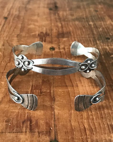 Pair Of Vintage Taxco Mexico Sterling Silver Cuff Bracelets By Juvenal