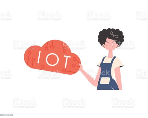 한 여성이 Iot 로고를 손에 쥐고 있습니다 Iot 개념 격리 트렌디 한 평면 스타일 벡터 일러스트레이션 가상현실에 대한 스톡