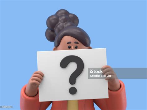 웃는 아프리카 계 미국인 여성 코코가 물음표 기호 기호의 배너 카드를 들고 보여주는 3d 그림 파란색 배경에 3d 렌더링 입체 이미지에 대한 스톡 사진 및 기타 이미지