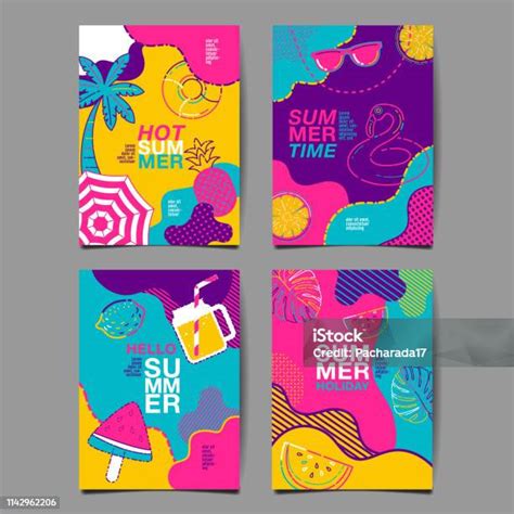 여름 레이아웃 디자인 인사말 카드 표지 책 배너 스트라이프 라인 화려한 템플릿 디자인 벡터 일러스트 레이 션 여름에 대한 스톡 벡터 아트 및 기타 이미지 Istock