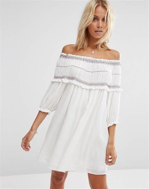 Asos Off Shoulder Sundress With Colored Shirring Detail In White Lyst