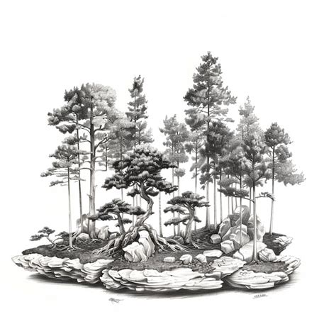 A Drawing Of A Pine Tree And Rocks With A Drawing Of Pine Trees