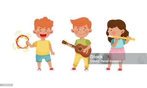 악기 세트를 연주하는 아이들 플루트 탬버린 기타 만화 벡터 일러스트레이션을 연주하는 서커스와 소년 개체 그룹에 대한 스톡 벡터 아트 및 기타 이미지 Istock