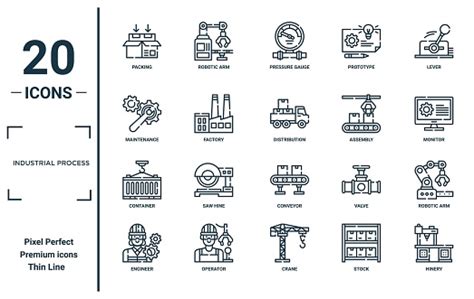 산업 프로세스 선형 아이콘 세트입니다 얇은 선 포장 유지 보수 컨테이너 엔지니어 Hinery 배포 보고서 프리젠 테이션 다이어그램 웹 디자인을위한 로봇 팔 아이콘 포함 0