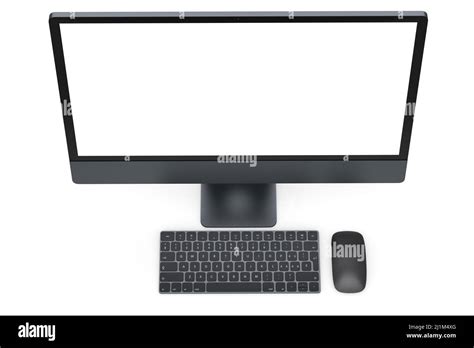 Realistic Dark Grey Computer Screen Display With Keyboard And Mouse Isolated On White Background