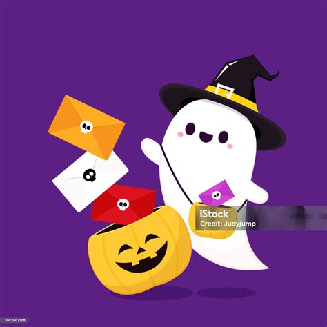 귀여운 유령과 함께 해피 할로윈 파티 인사말 카드 과자 안 주면 장난칠 거예요 할로윈 봉투 벡터입니다 할로윈 날에 종이 봉투입니다 우편에 대한 스톡 벡터 아트 및 기타