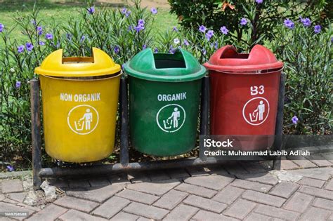 공원에있는 다른 색깔의 쓰레기통 B3 재활용에 적합한 비 유기 및 유기 폐기물 개념에 대한 스톡 사진 및 기타 이미지 Istock