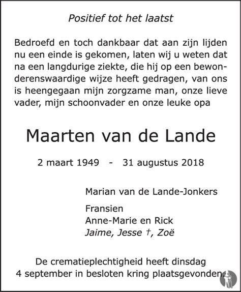 Maarten Van De Lande 31 Augustus 2018 • Overlijdensbericht En