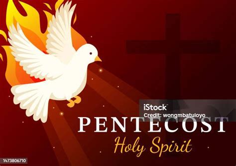 오순절 일요일 불꽃과 성령 비둘기 가톨릭 또는 기독교 종교 문화 휴일 플랫 만화 손으로 그린 템플릿 오순절에 대한 스톡 벡터