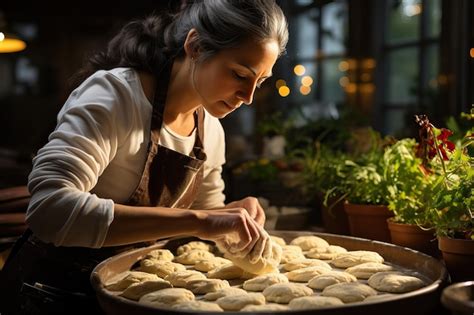 Premium Photo Woman Baker Preparing Delicious Buns On Baking Sheet