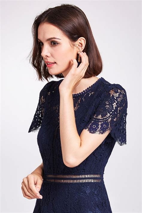 Navy Blue All Lace Hollow Out Formal Dress With Round Neck Black Tie