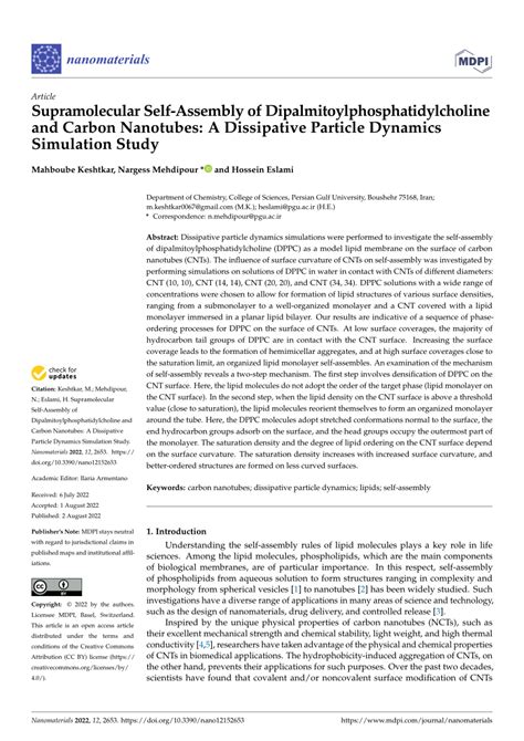Pdf Supramolecular Self Assembly Of Dipalmitoylphosphatidylcholine