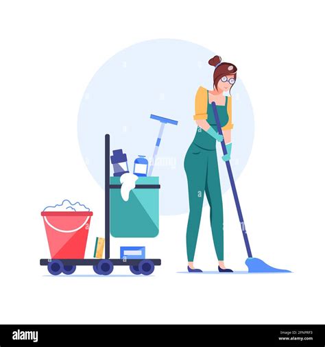Servicio De Limpieza De Dibujos Animados Plano Carácter Empleado