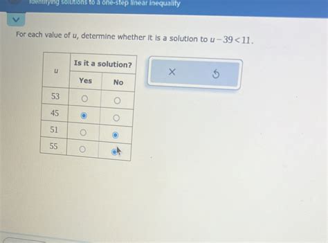 solved identifying solutions to a one step linear inequality for each