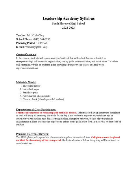 Leadership Academy Syllabus Leadership Academy Syllabus South Florence High School 2022