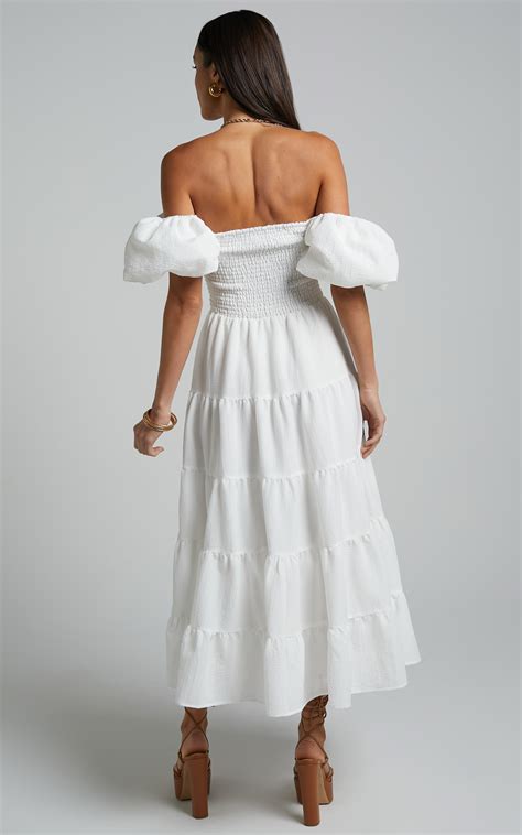 Maxima Midi Dress Puff Sleeve Shirred Bodice Tiered Dress In White