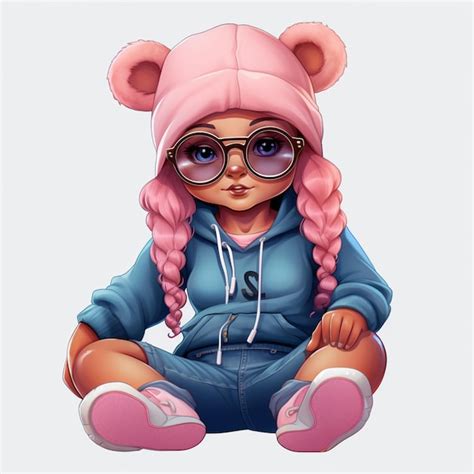 Premium Photo Cartoon Girl With Pink Hair And Glasses Sitting On The