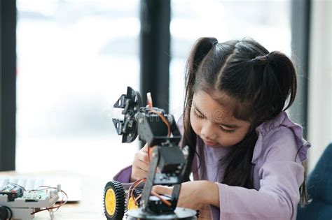 Stem Education Concept Asian Young Girl Learning Robot Design Stock