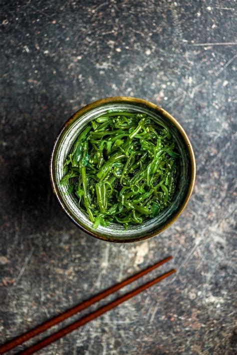 Green Seaweed Japanese Wakame Salad In Bowl Top View Stock Image