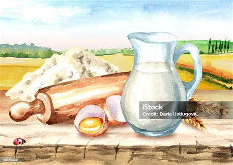 Cookig 재료 천연 제품입니다 나무 롤링 핀 깨진 달걀 밀가루의 그릇 밀의 귀 및 밀의 배경에 우유의 용기 수채화 손으로
