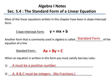 PPT Algebra I Notes Sec The Standard Form Of A Linear Equation PowerPoint Presentation