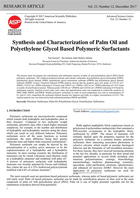 Pdf Synthesis And Characterization Of Palm Oil And Polyethylene Glycol Based Polymeric Surfactants