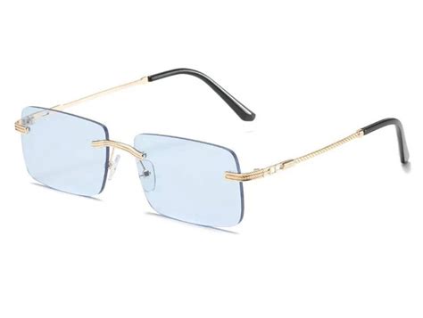 Blue Rectangular Sunglasses Rimless Etsy