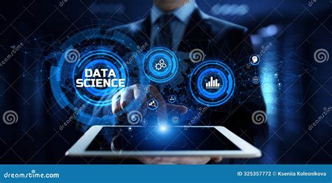 Data Science Analytics Concept Businessman Pressing Button On Screen