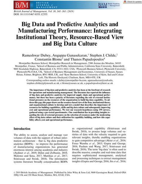 British J Of Management 2019 Dubey Big Data And Predictive