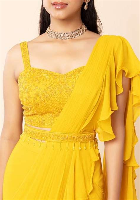 Buy Women Mustard Pre Stitched Saree Set With Sequin Embellished Blouse