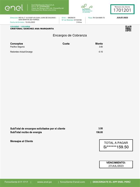 Recibo Enel Julio Pdf Apelación Electricidad