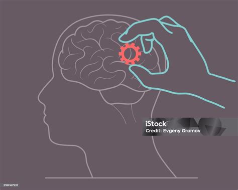 안에 뇌가 있는 머리 손으로 톱니 바퀴를 넣었습니다 생산성 효율성 두뇌 기능을 통한 지능 및 지식 개발 생각 치료 및 아이디어로서의 기어 및 기술 휠 Mental