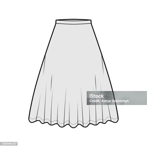 스커트 미디 라운드 테크니컬 패션 일러스트 와 무릎 길이 실루엣 원형 충만 얇은 허리 밴드 바닥 0명에 대한 스톡 벡터 아트 및 기타 이미지 Istock