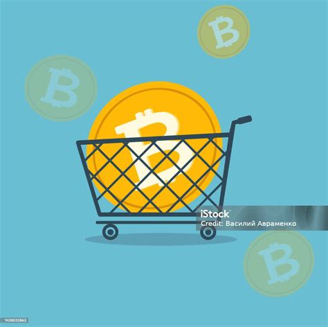 쇼핑 트롤리의 Bitcoin 및 암호 해독 상점 상점 및 소매점에서 구매 및 구매하는 데 사용되는 암호화 통화 파란색 배경에