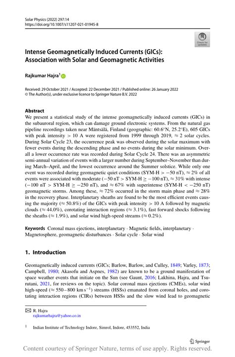 Intense Geomagnetically Induced Currents Gics Association With Solar And Geomagnetic
