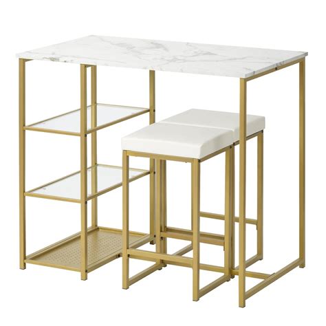 3 Piece Modern Pub Set Faux Marble Countertop Metal Mini Dining Set Wi