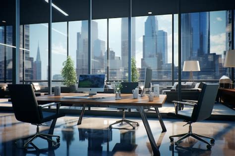 Premium Ai Image Modern Office Interior With Computers And City View