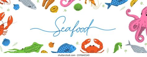 Seafood Sketches Horizontal Banner Sea Animal Stock Vector Royalty