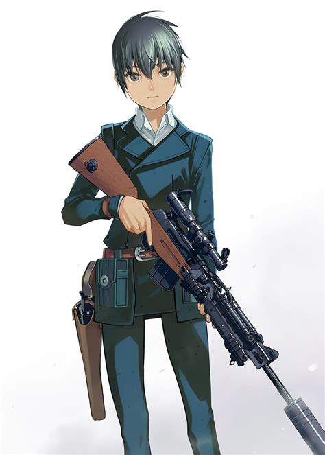 Safebooru 1girl Androgynous Battle Rifle Belt Black Hair Closed Mouth