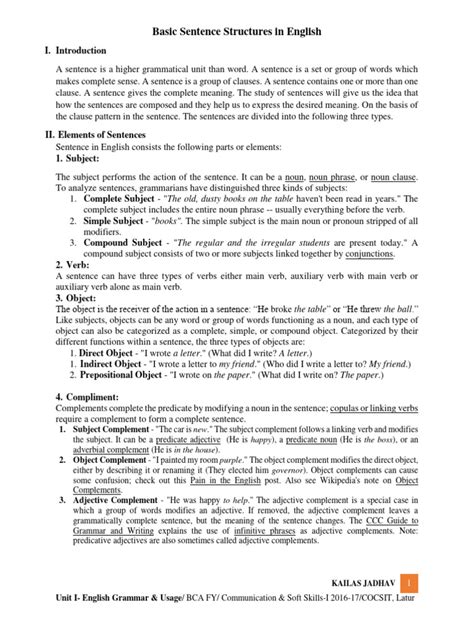 1 1 Basic Sentence Structure Final Notes Pdf Subject Grammar Verb