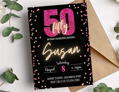 50th Pink Glitter Birthday Invitation Editable Digital Template Neon