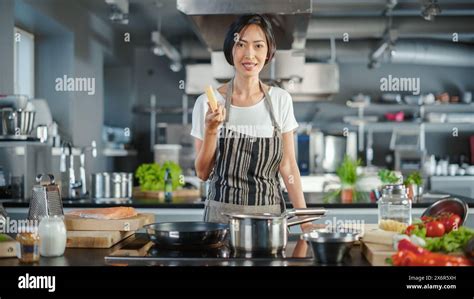 Tv Cooking Show Kitchen Asian Female Chef Talks About Ingredients Teaches To Cook Food Online