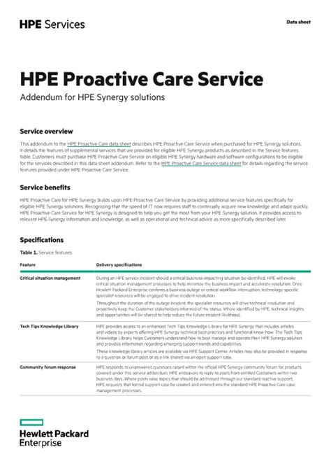 Hpe Proactive Care Service Addendum For Hpe Synergy Solutions Data Sheet