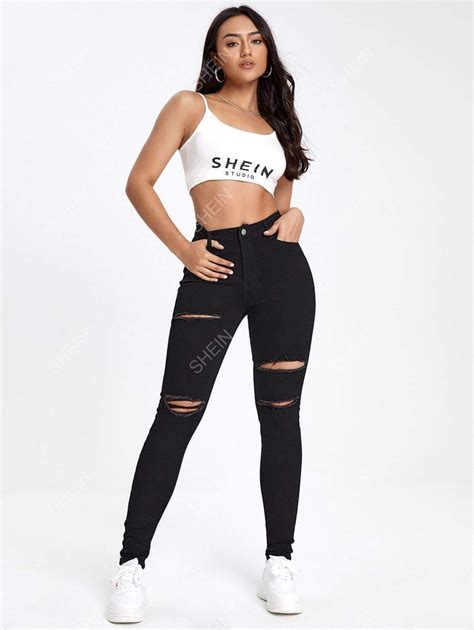 Shein Ezwear Black Slant Pocket Ripped Skinny Jeans Shein Uk
