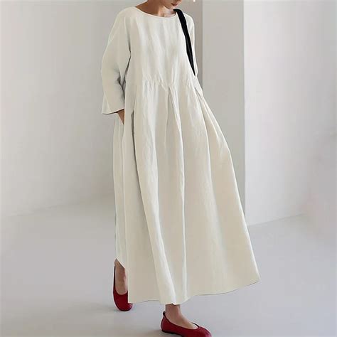 Comstylish Womens Solid Color Cotton Linen Print Maxi Dress
