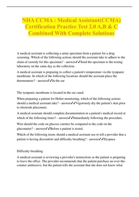 Nha Ccma Medical Assistant Ccma Certification Practice Test 2 0 A B And C Combined With