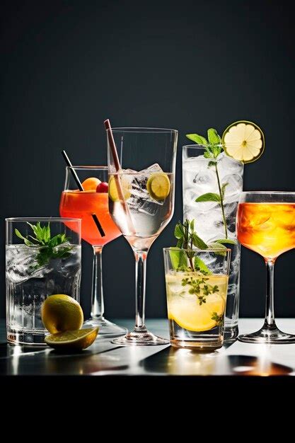 Various Cocktails On The Table Selective Focus Drinks Premium Ai