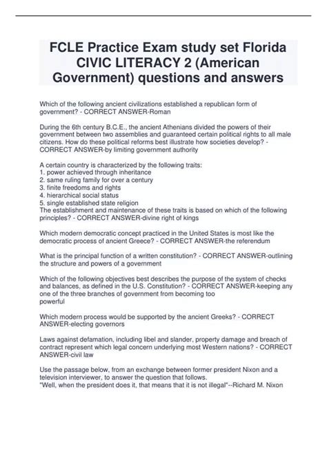 FCLE Practice Exam Study Set Florida CIVIC LITERACY 2 American